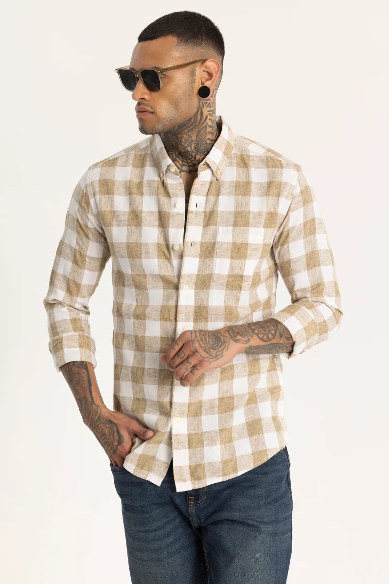 Buy Men's Beige Checks Linen Shirt Online | Snitch – SNITCH
