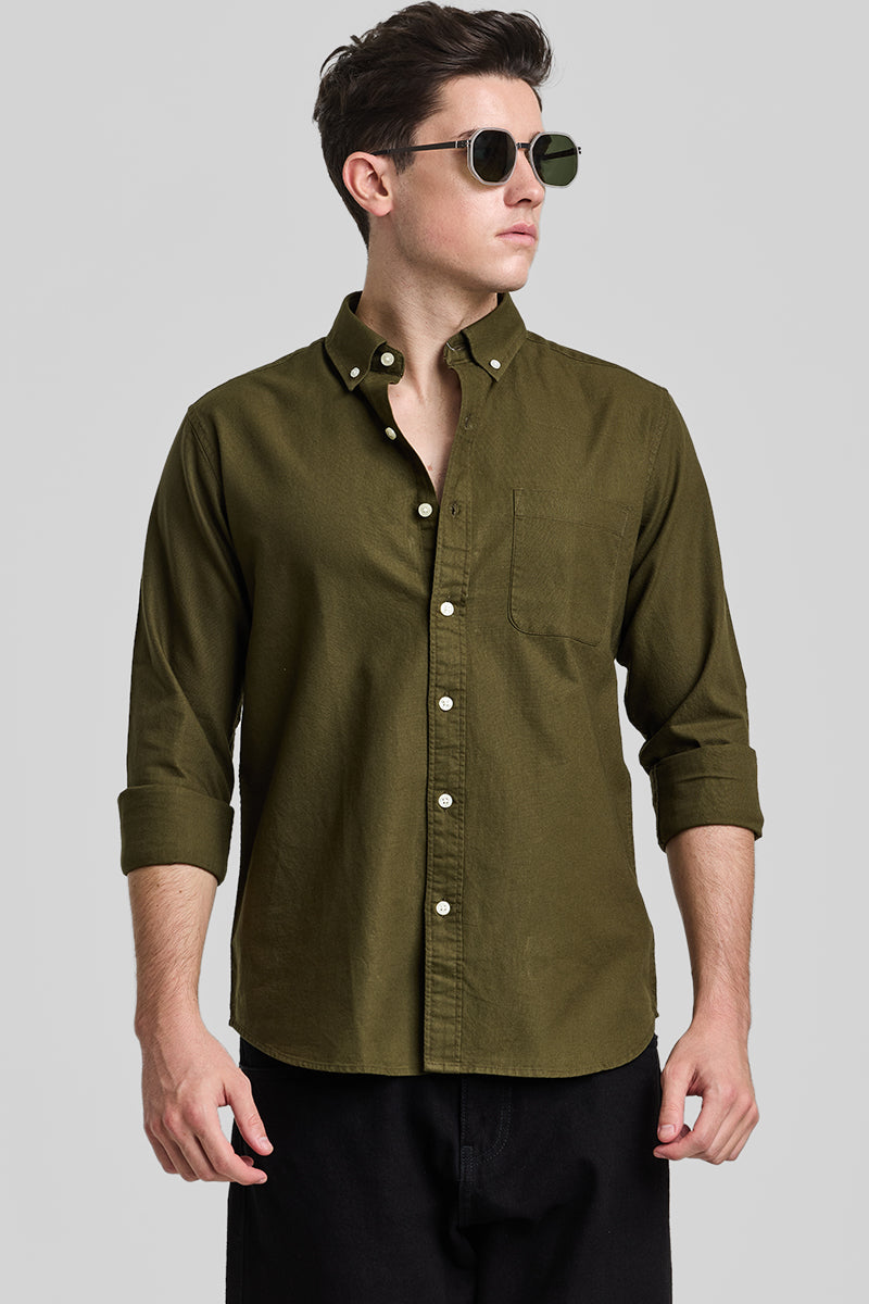 Buy Men's Olive Solid Oxford Shirt Online | Snitch – SNITCH