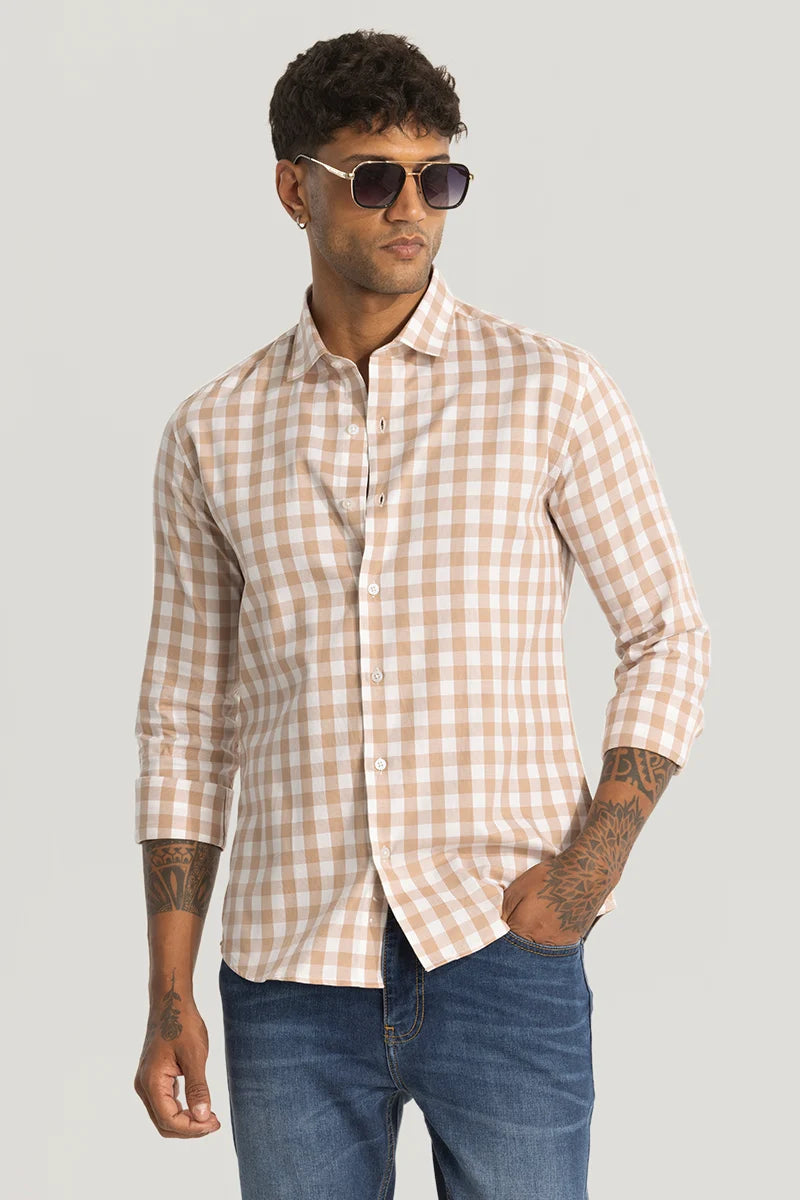 Buy Men's Beige Slim Fit Checks Shirt Online | Snitch – SNITCH
